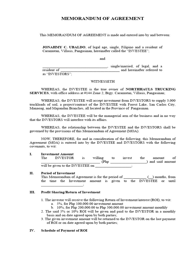Memorandum of Agreement Investment Draft | PDF | Arbitration | Investing