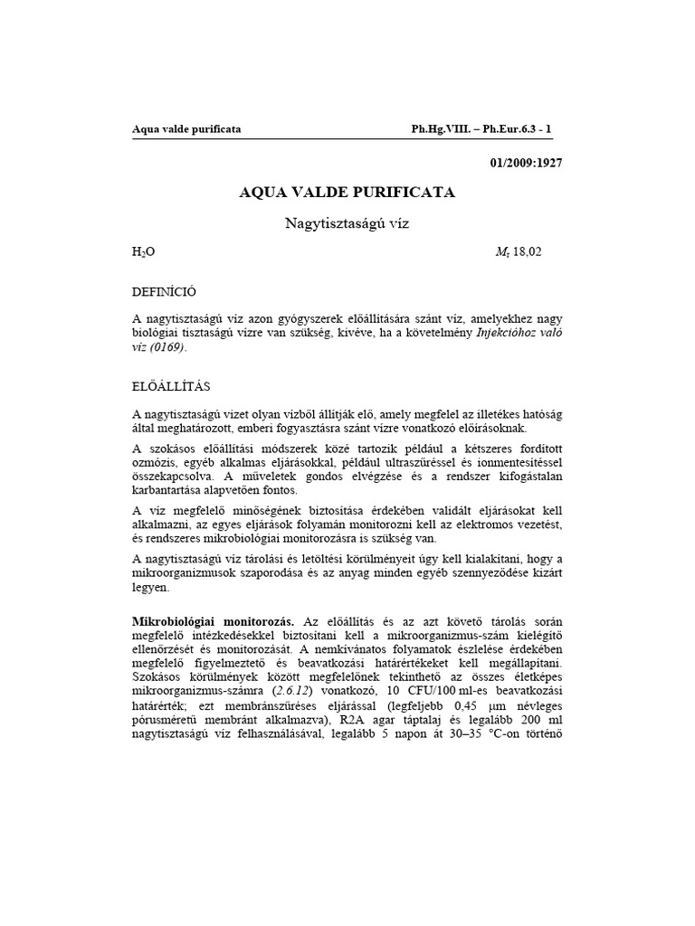Aqua Valde Purificata Nagytisztasagu Viz | PDF