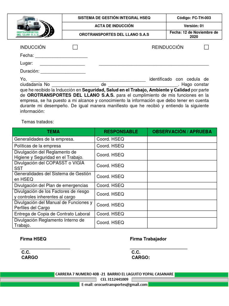 FC-TH-003 Acta de Inducción | PDF | Business | Economias