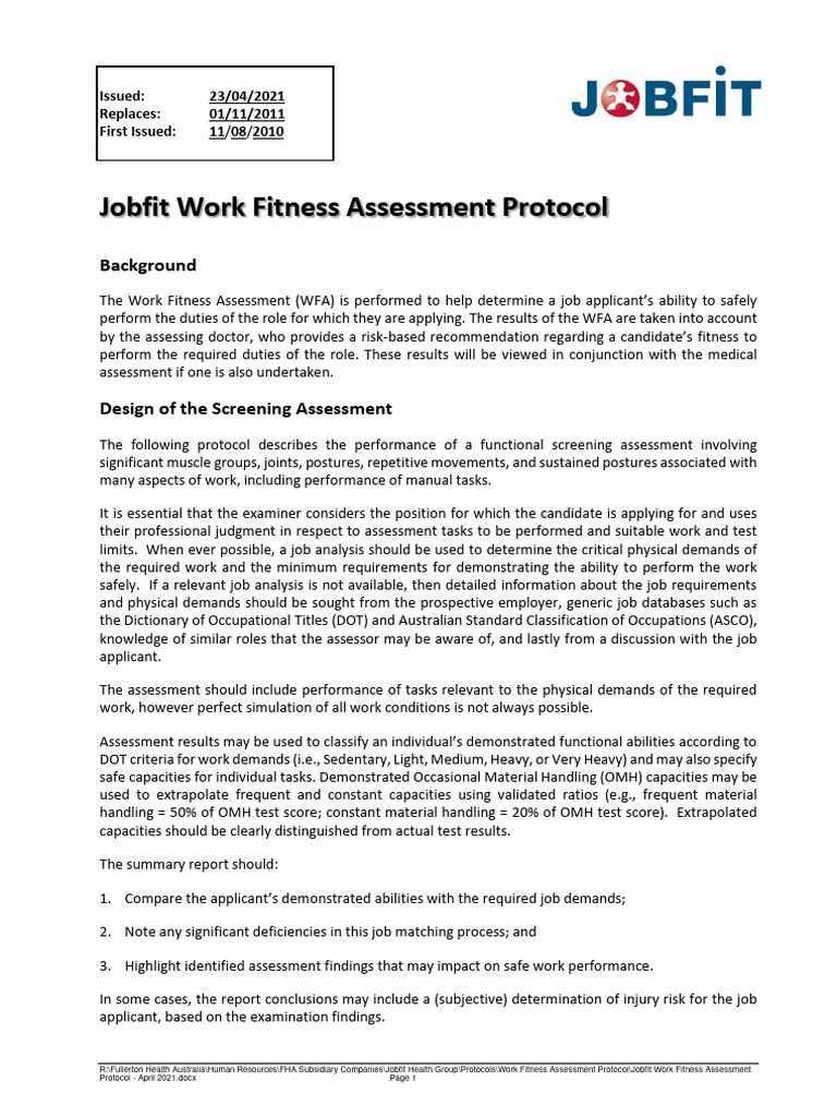 Jobfit Work Fitness Assessment Protocol 230421 | PDF | Heart Rate | Heart
