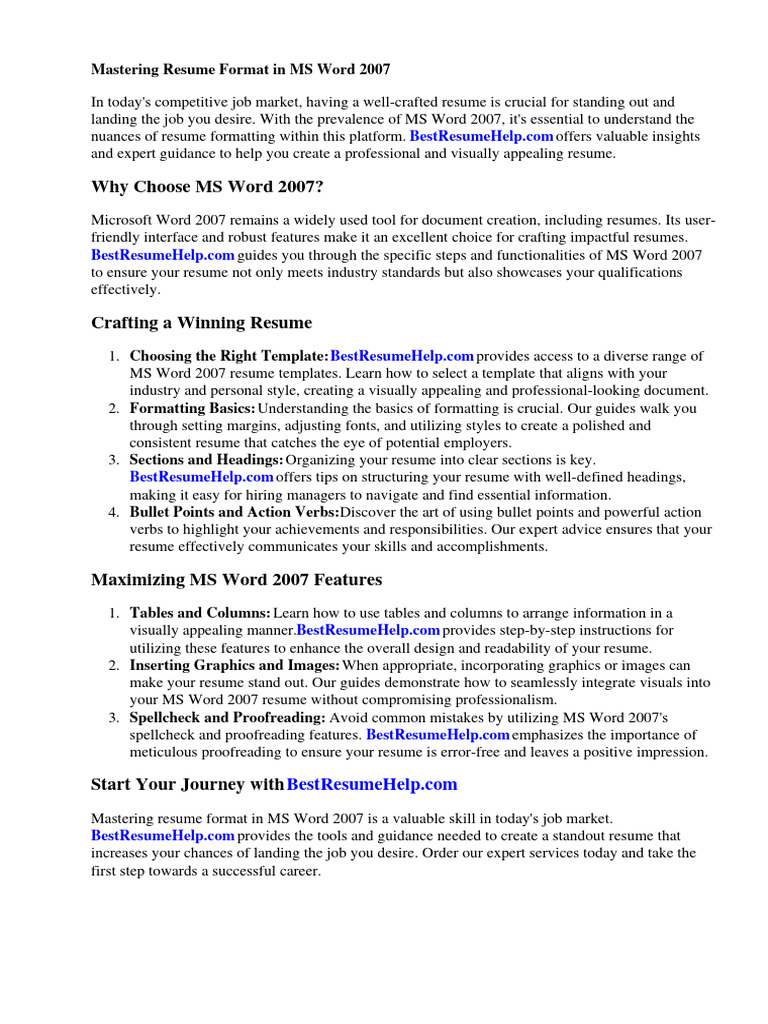 Resume Format Word 2007 Resume Templates For Microsoft Word (docx)