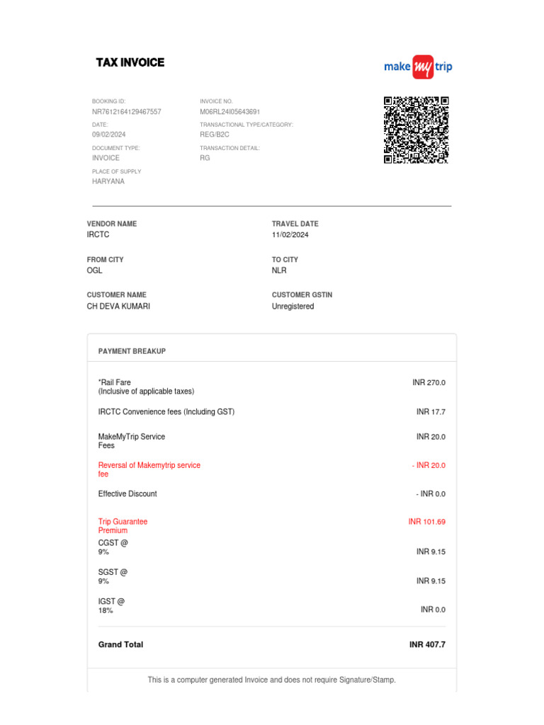 MakeMyTrip Invoice Details and Breakdown | PDF | Invoice | Taxes