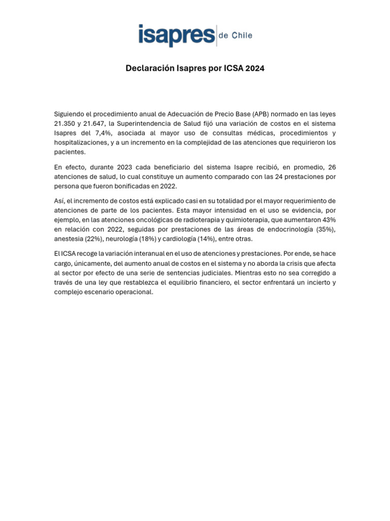 Declaración ICSA 2024 Asoc. de Isapres | PDF