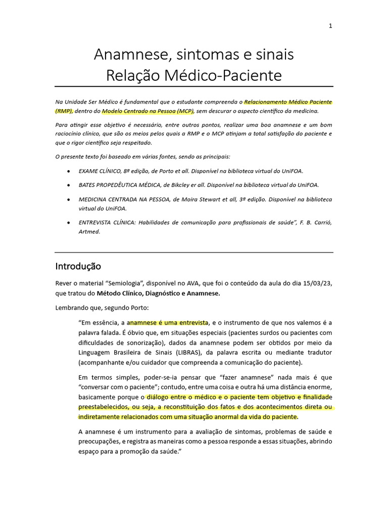 Anamnese, Sinais e Sintomas - RMP | PDF | Febre | Experiência