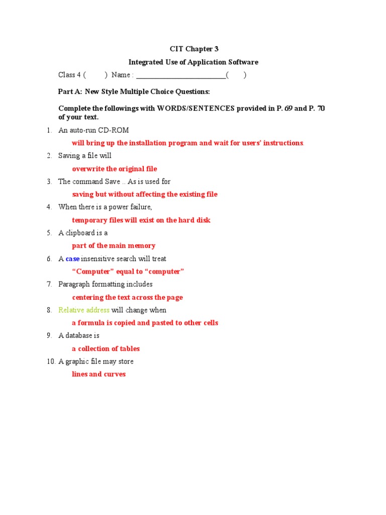 CIT Chapter 3 Integrated Use of Application Software: Relative Address ...