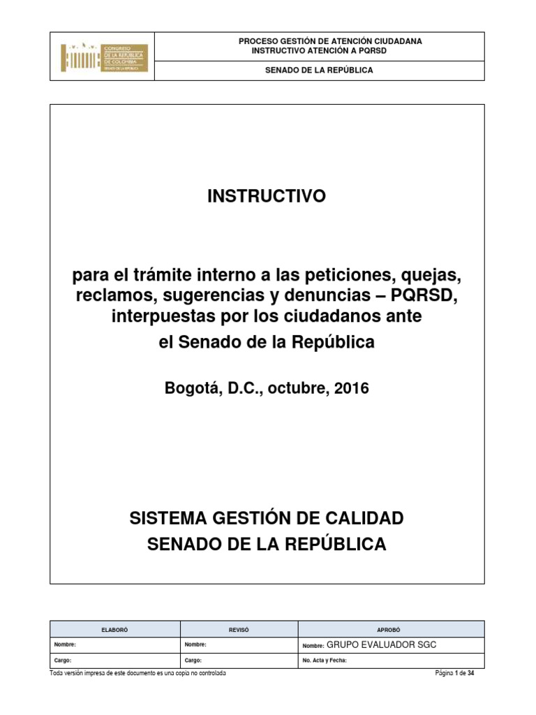 Instructivo Tramite Interno PQRSD 10-11-2016 | PDF | Petición | Leyes de libertad de información ...