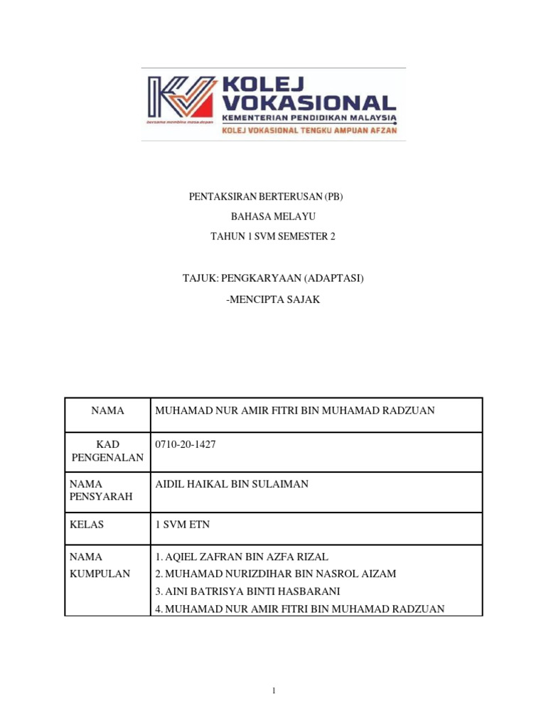 Pentaksiran Berterusan (PB) Bahasa Melayu Tahun 1 SVM Semester 2 | PDF | Seni & Disiplin Bahasa ...