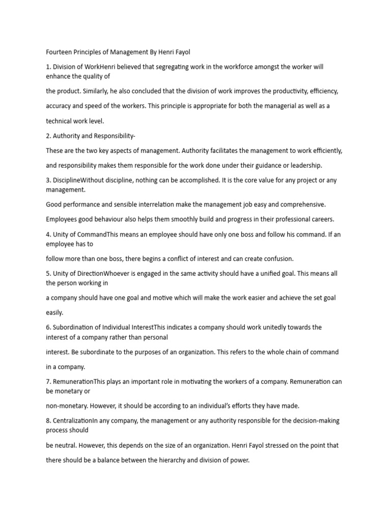 Fourteen Principles of Management by Henri Fayol | PDF | Business ... Fourteen Principles of Management by Henri Fayol | PDF | Business ...