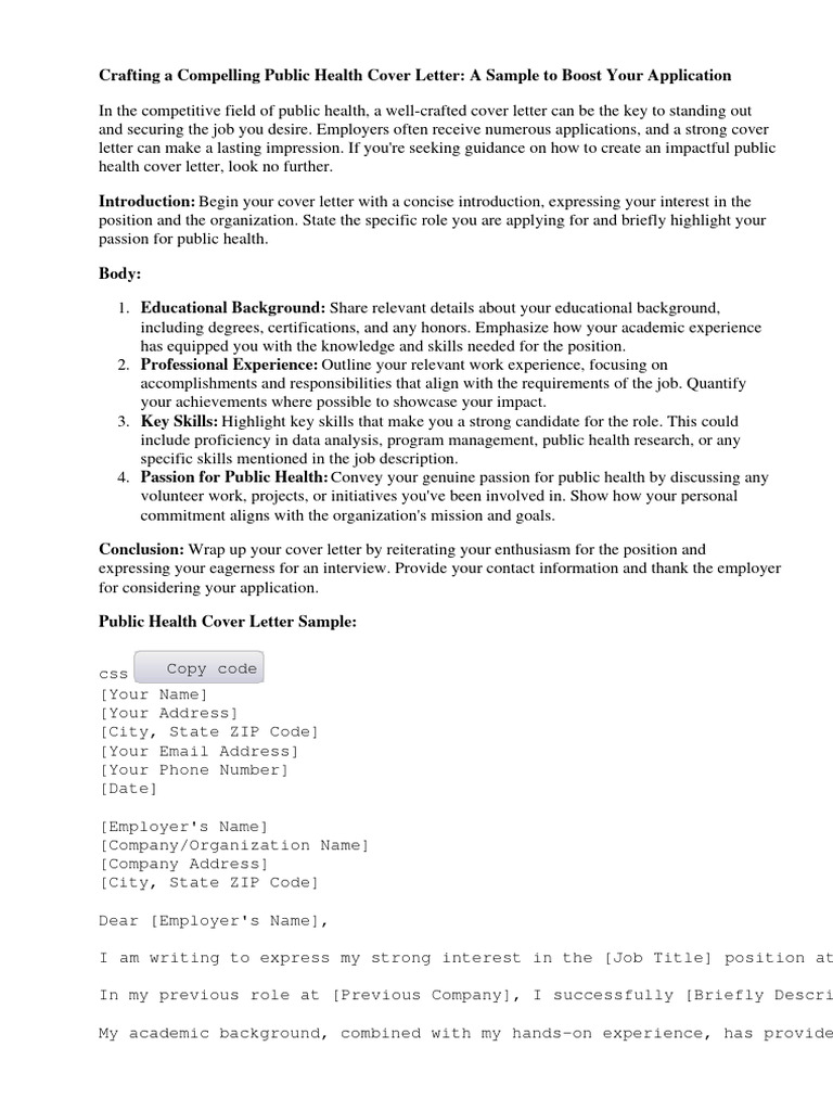 Public Health Cover Letter Sample | PDF | Résumé | Nursing
