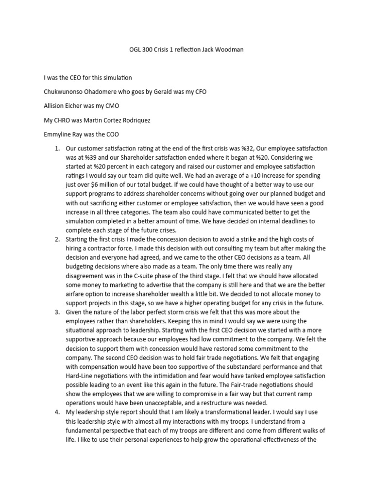 Ogl 300 Crisis 1 Simulation Report | PDF | Leadership | Negotiation