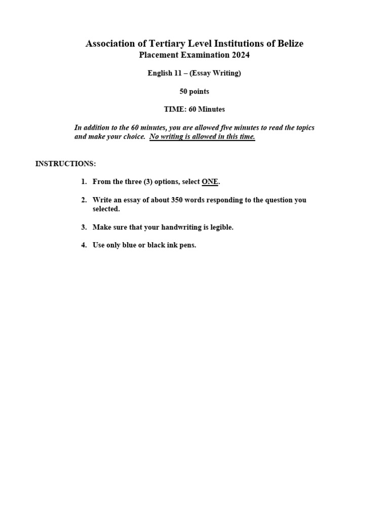 ATLIB en 11 Placement Exam Instruction Page 2024 | PDF