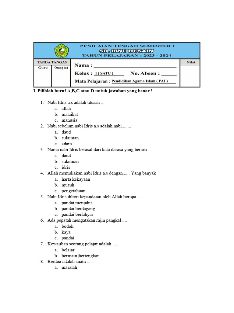 PTS PAI Kelas 1 N | PDF | Karier & Perkembangan
