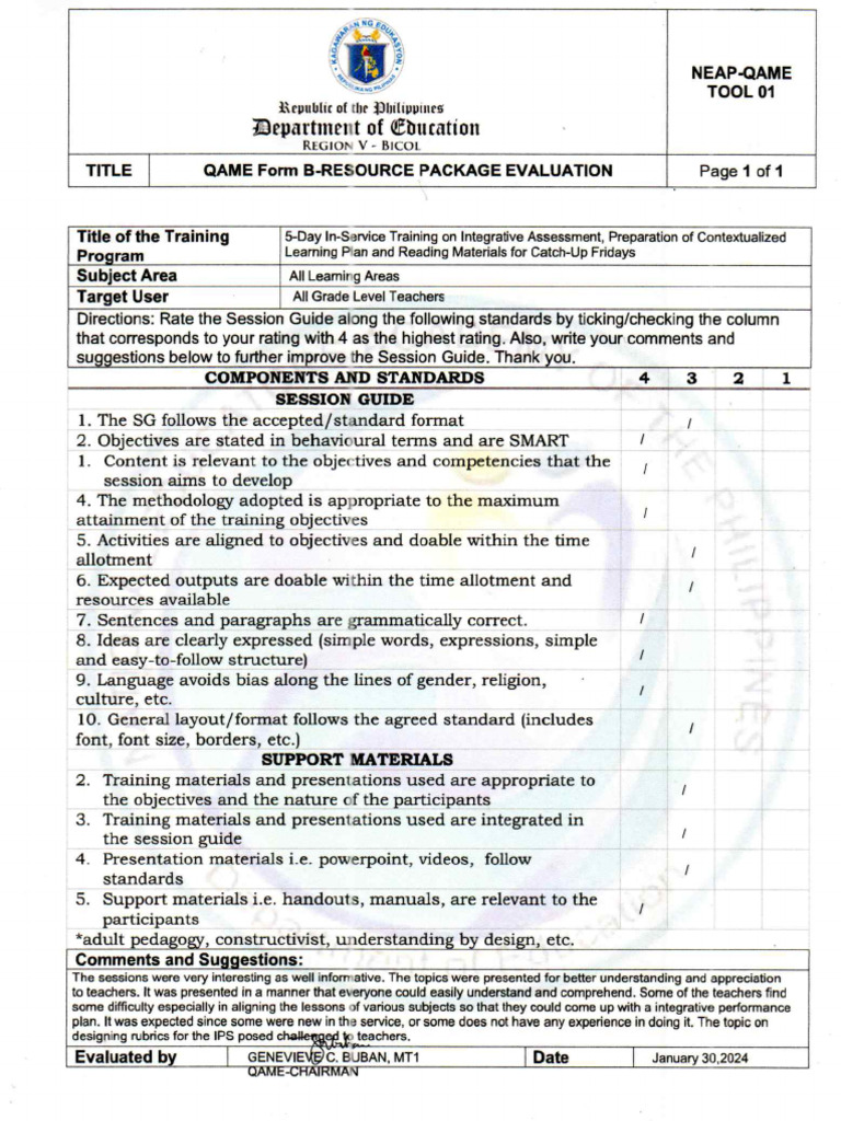 NEAP-QAME TOOL O1 Form B | PDF