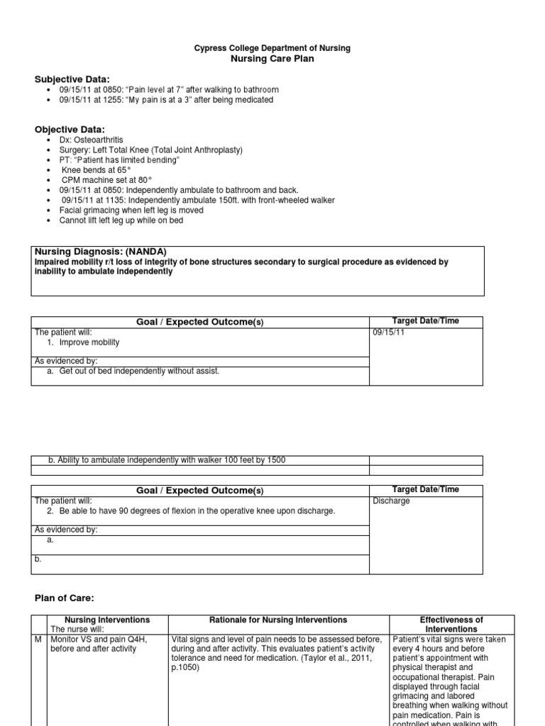 Nursing Care Plan Mobility Sample | Surgery | Nursing