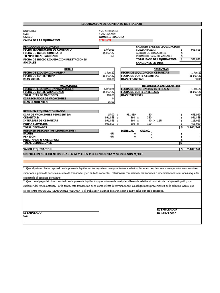 Formato Liquidacion | PDF | Salario | Liquidación