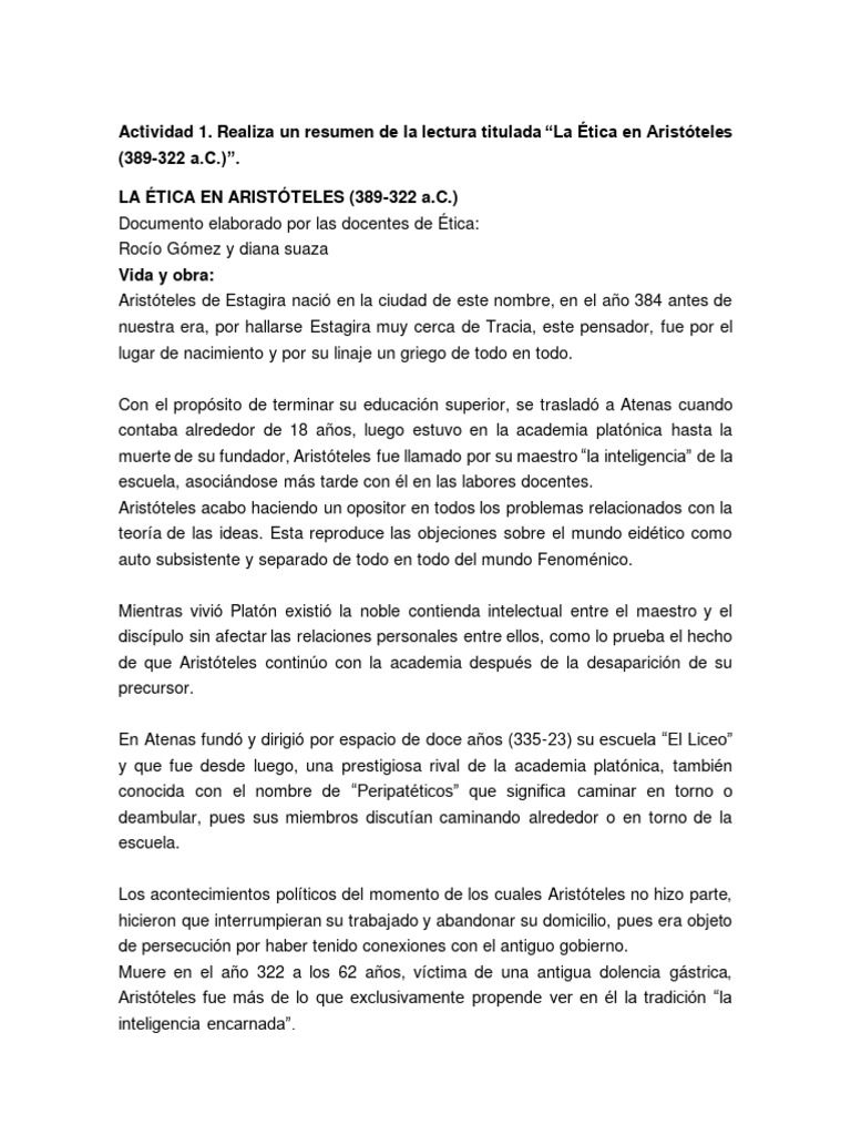Actividad 1 - Lectura de Arist-Teles | PDF | Aristóteles | Virtud