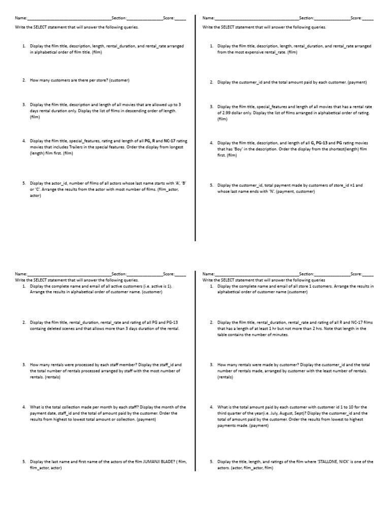 Quiz On Select and Subqueries | PDF