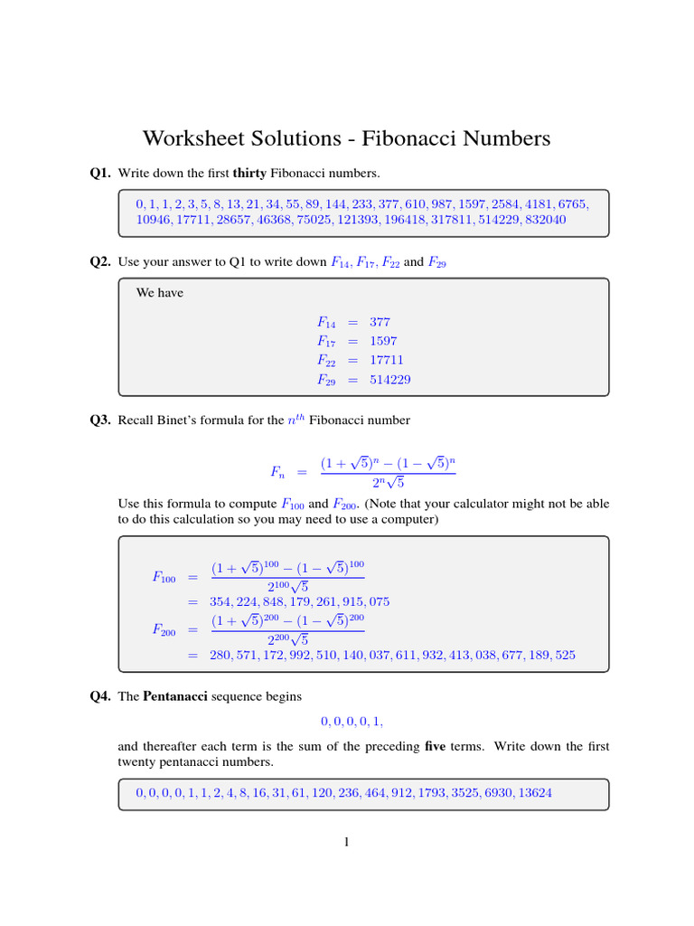 Fibonacci Classroom Worksheet Solutions | PDF | Mathematical Relations ...