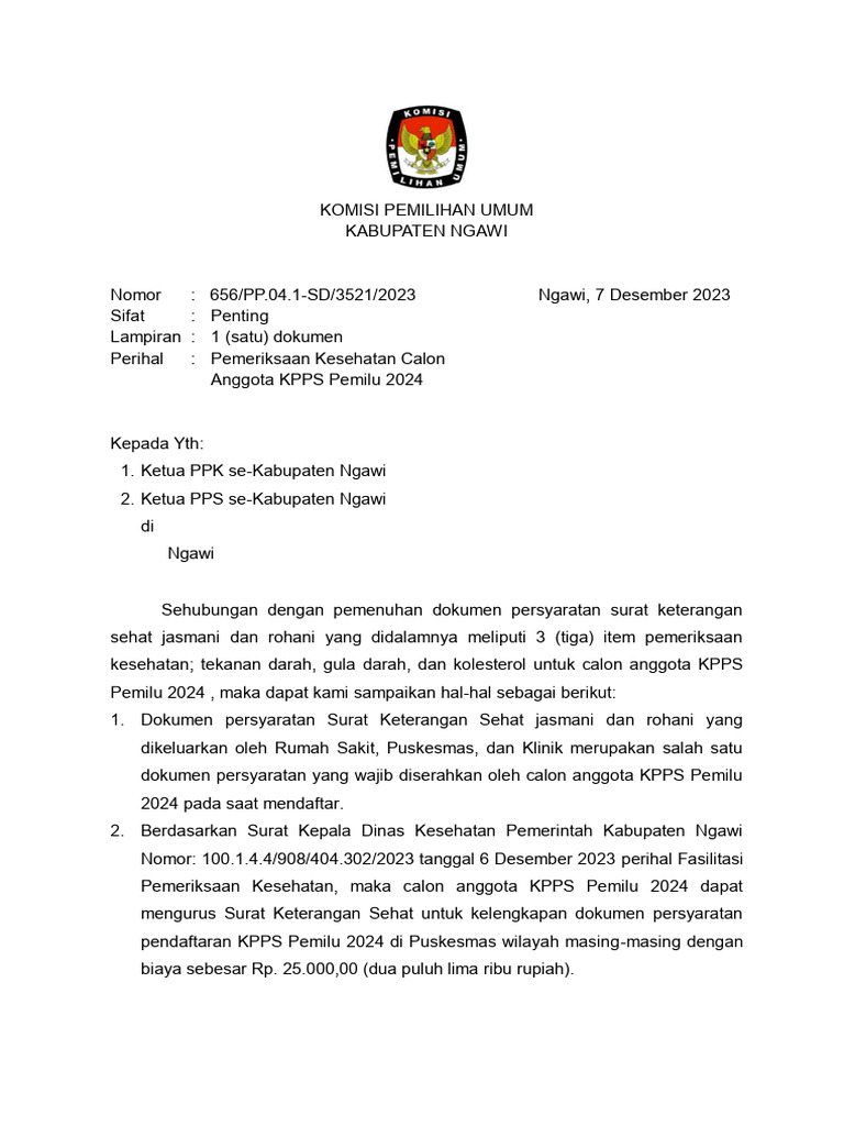 Contoh Surat Ke PPK (Pemeriksaan Kesehatan Calon Anggota KPPS) | PDF