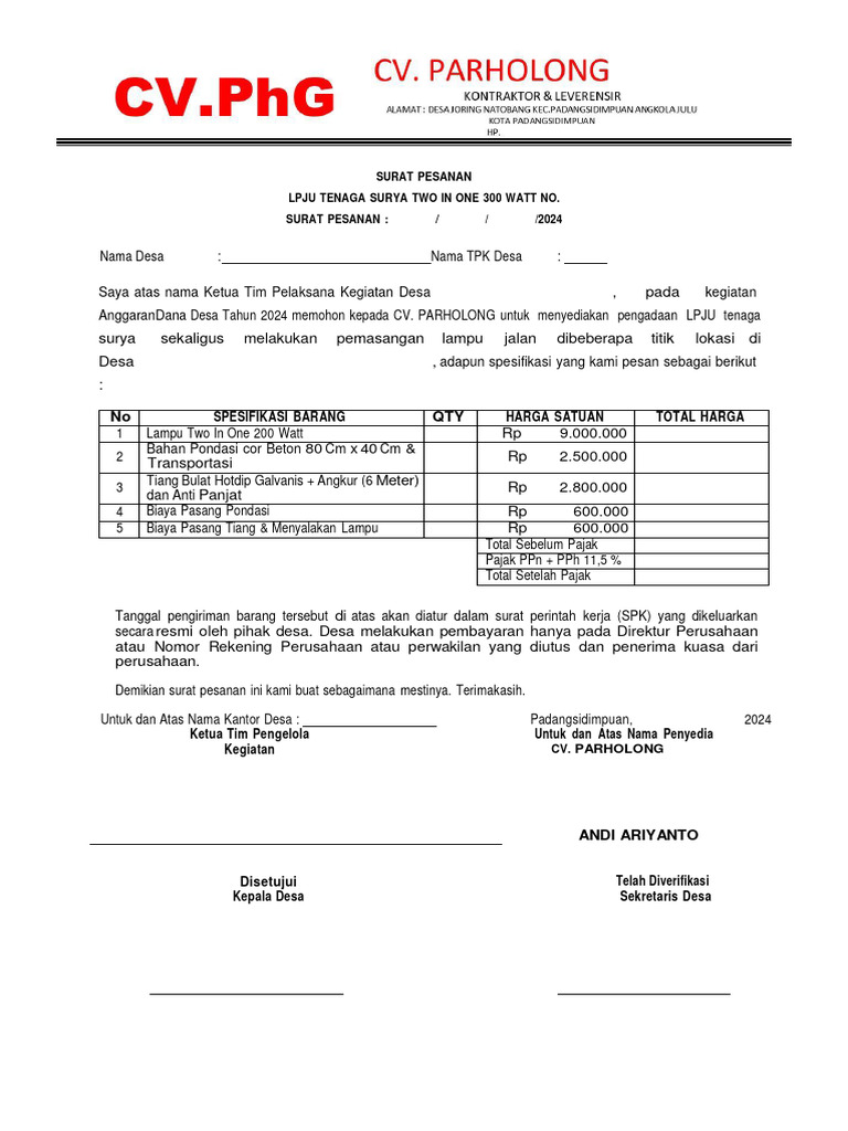 CV. Parholong 2024 SPK | PDF