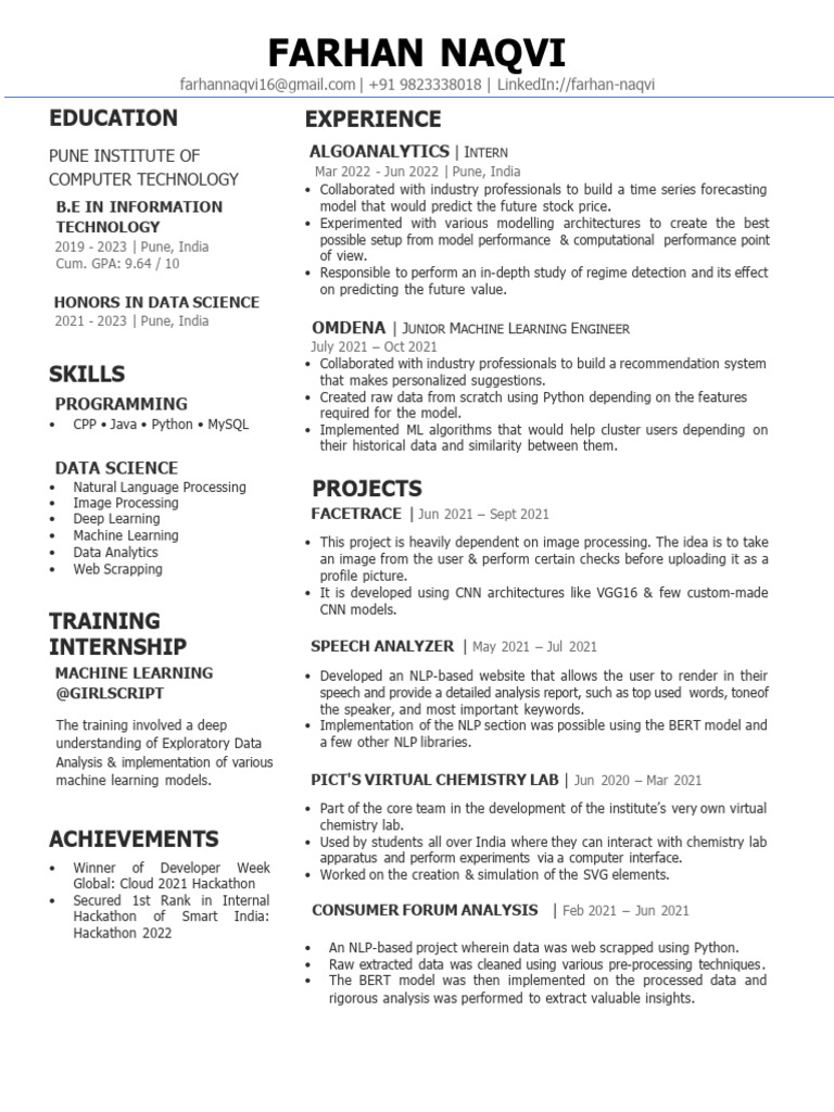 Farhan Naqvi Resume Pdf Machine Learning Data 