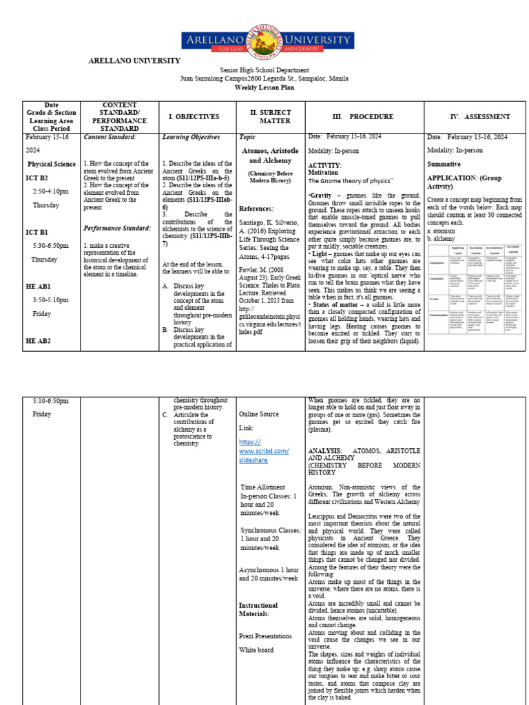 2 Lesson Plan Physical Science | PDF | Alchemy | Matter