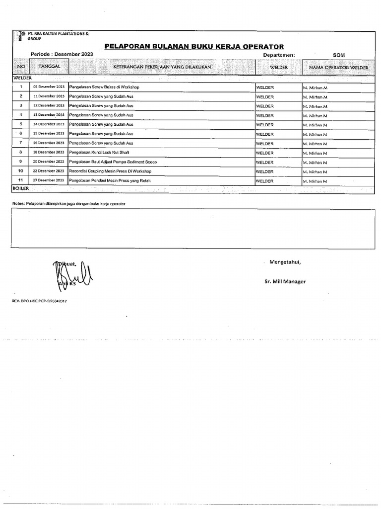 Rekap Kegiatan Welder PT SYB | PDF