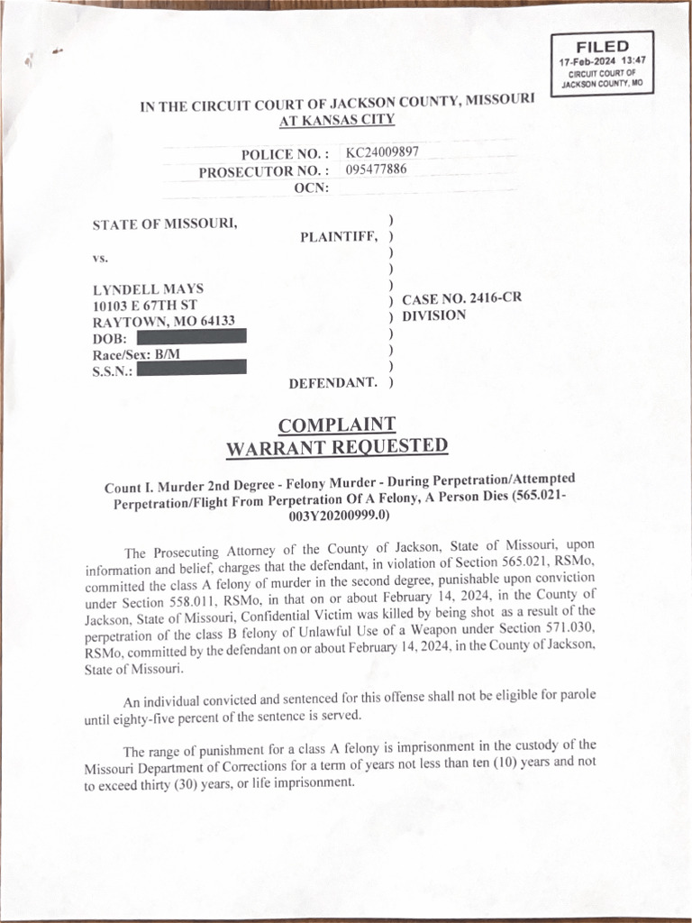 Kansas City Shooting Complaint Warrant | PDF | Felony | United States ...