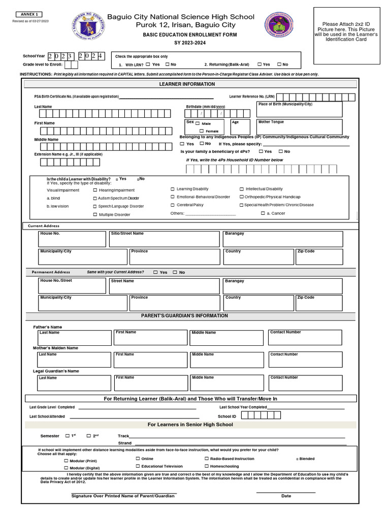 Basic Education Enrollment Form - Revised 3 2023 | PDF | Disability ...