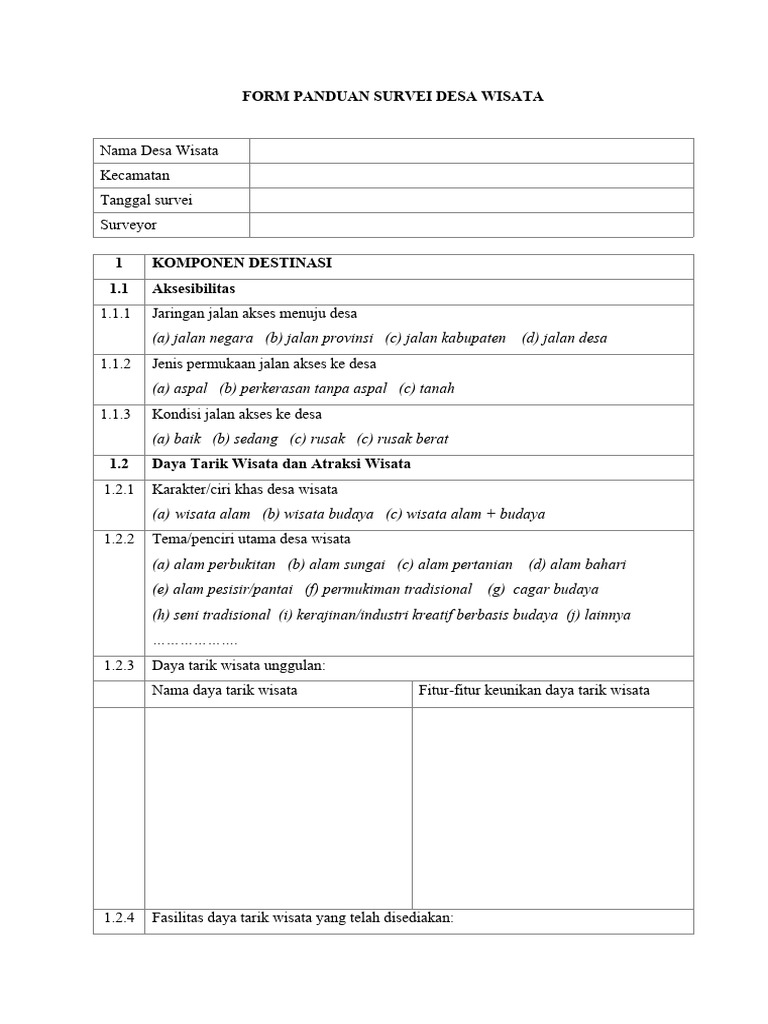 Form Isian Data Desa Wisata | PDF