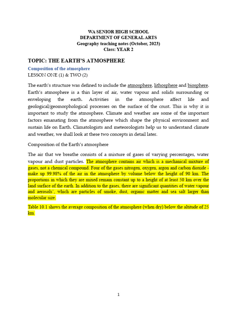 Teaching Notes - Components of The Earths Atmosphere | PDF | Atmosphere ...