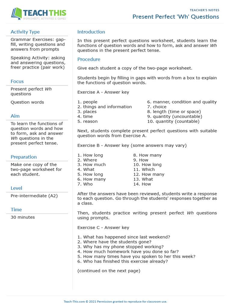 Present Perfect Wh Questions Worksheet | PDF | Question | Linguistics