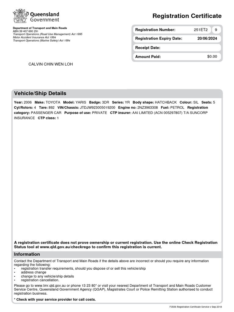 Suncorp CTP Registration Certificate | PDF