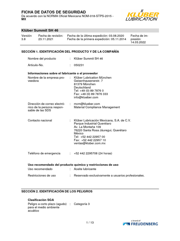 6.SDS Klueber Summit SH 46 | Descargar gratis PDF | Residuos | Ciencias ...