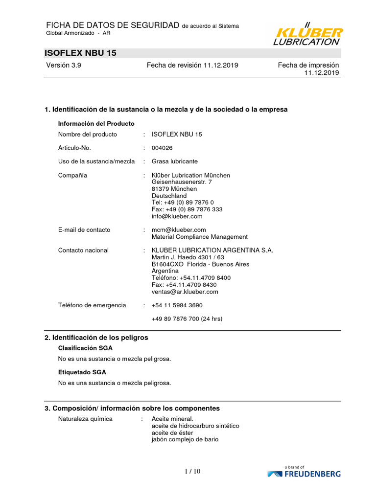 Ficha Seguridad ISOFLEX NBU 15 | PDF | Agua | Información