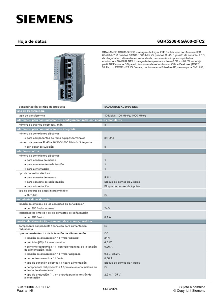 6GK52080GA002FC2 Datasheet Es | PDF | Ingenieria Eléctrica