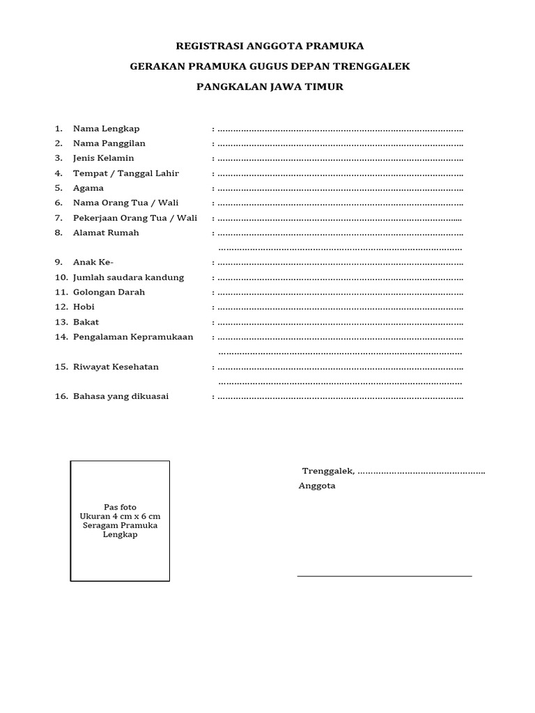 Lembar Registrasi Anggota Pramuka | PDF