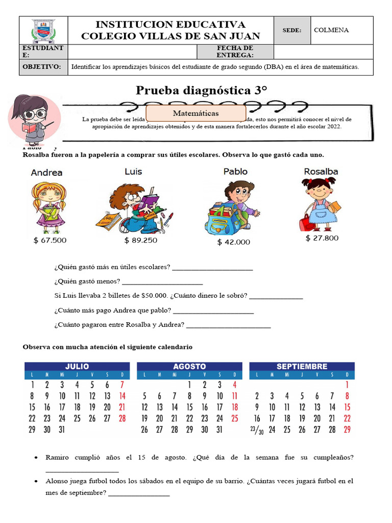 Prueba Diagnóstica de Matemáticas 2° Grado | PDF