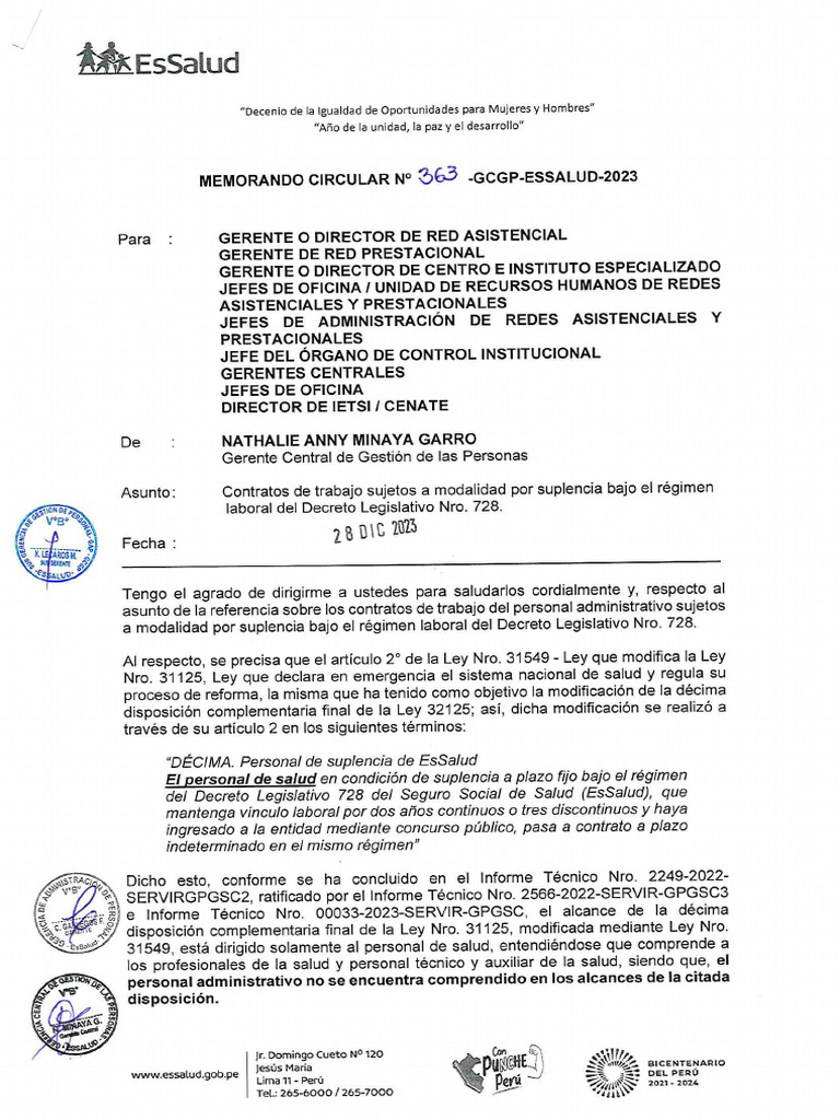 Memorando Circular N 363-Gcgp-Essalud-2023 | PDF