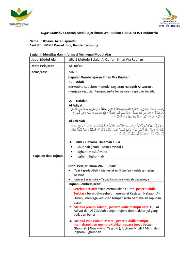 Modul Ajar Al Qur'an Ilman Wa Ruuhan | PDF