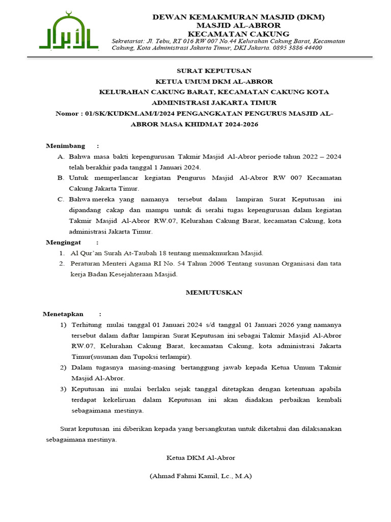 SK Ketua DKM Masjid Al-Abror 2024-2026 | PDF | Karier & Perkembangan ...