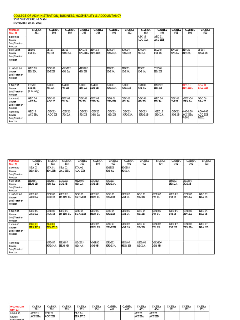 CABHA Schedule of Exam 1ST SEM 2023 2024 | PDF
