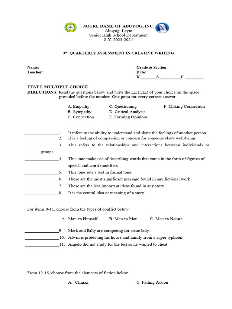1ST Quarterly Exam | PDF | Multiple Choice