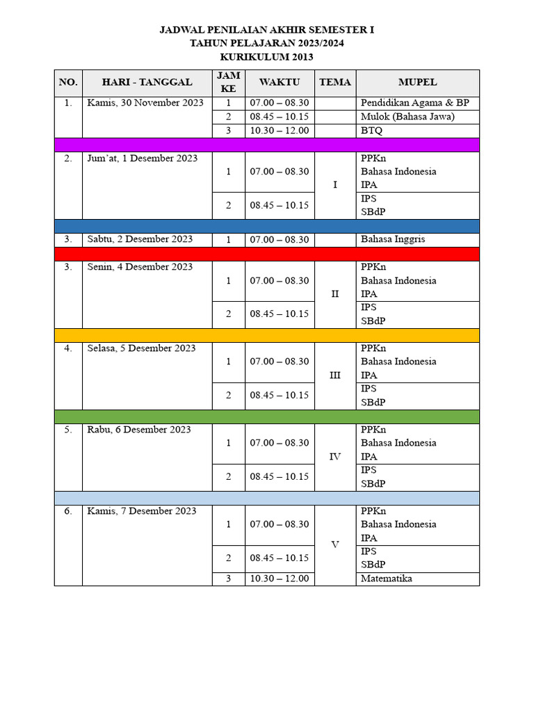 JADWAL PENILAIAN AKHIR SEMESTER I | PDF