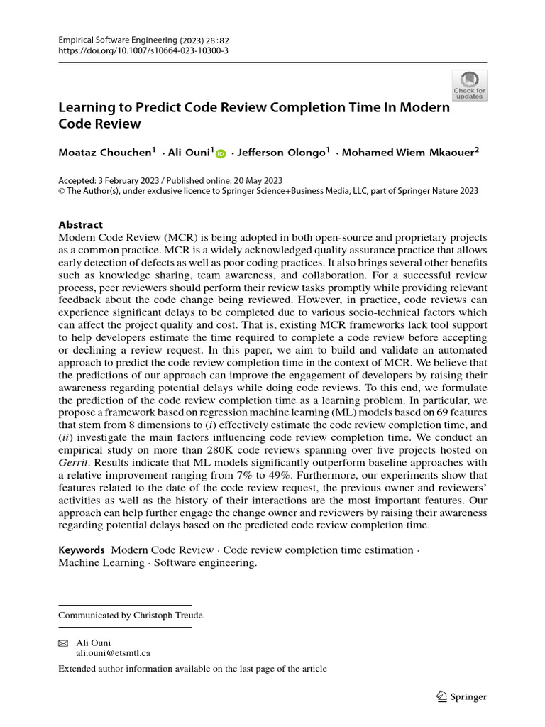 Learning To Predict Code Review Completion Time in Modern Code Review | PDF | Source Code ...