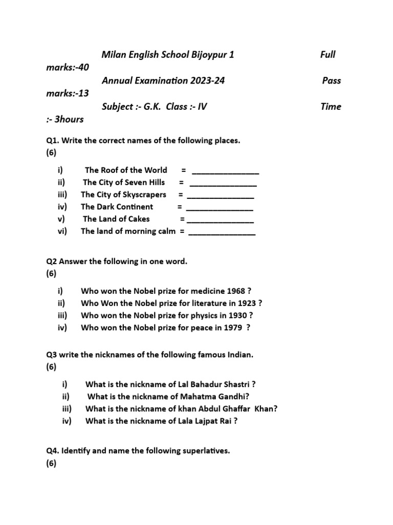 Class 4 GK Annual Exam Paper 2023-24 | PDF
