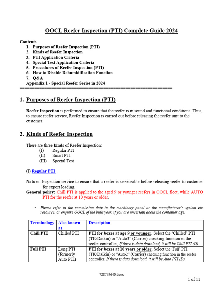 OOCL Reefer Inspection (PTI) Complete Guide 2024 | PDF | Menu ... OOCL Reefer Inspection (PTI) Complete Guide 2024 | PDF | Menu ...