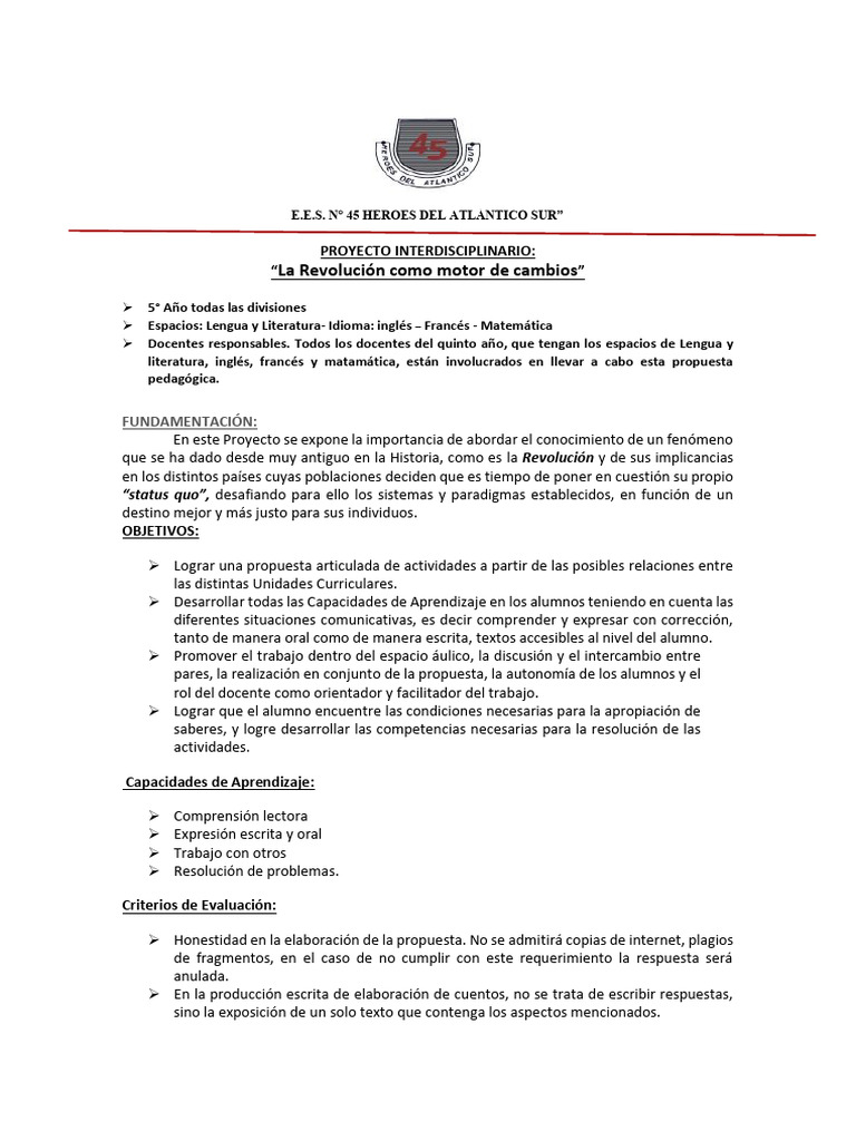 PROYECTO INTERDISCIPLINARIO 5to 2023 | PDF | Aprendizaje | Evaluación