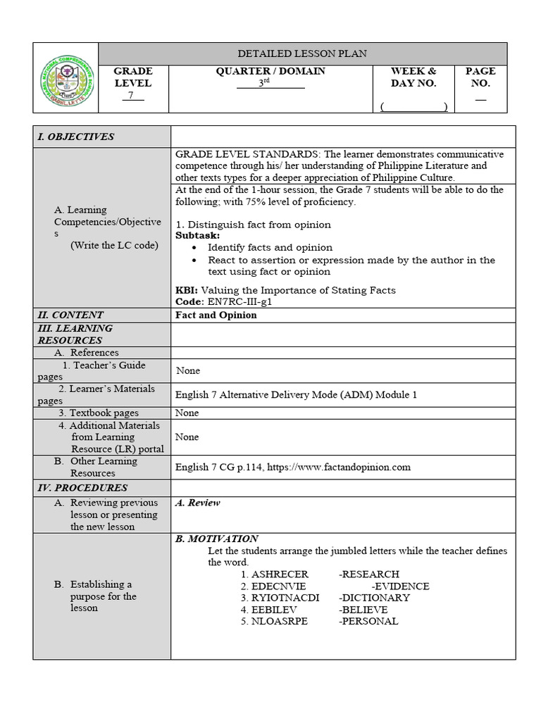 Fact vs. Opinion: Grade 7 Lesson Plan | PDF | Evidence | Cognition