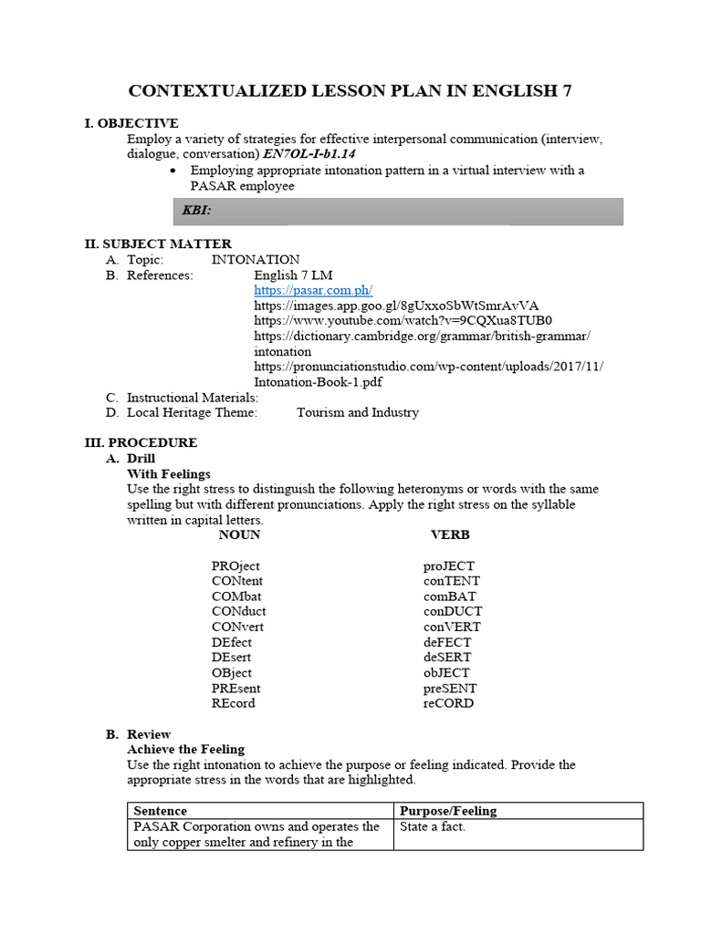 Contextualized Lesson Plan in English 7 | PDF | Question | English Language